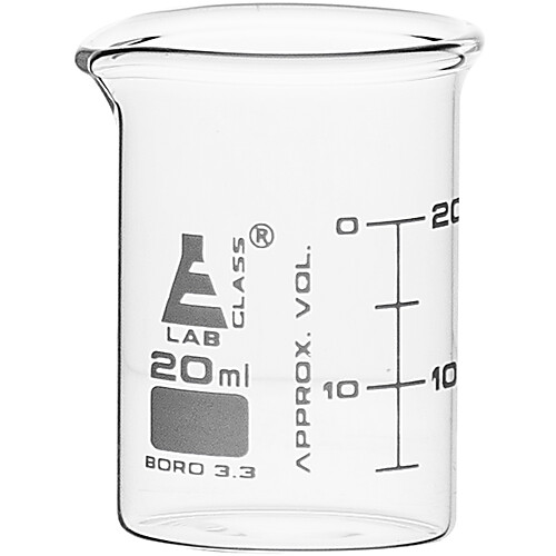 Glass Beaker, 20ml, ASTM, Dual Scale, PK/12