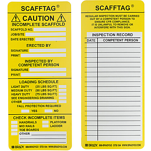 SCAFFTAG Inserts, INCOMPLETE SCAFFOLD, Black/Yellow on White, 7.625" H ...